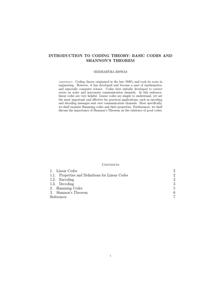 Introduction to Coding Theory: Basic Codes and Shannon's Theorem | PDF | Code | Algorithms