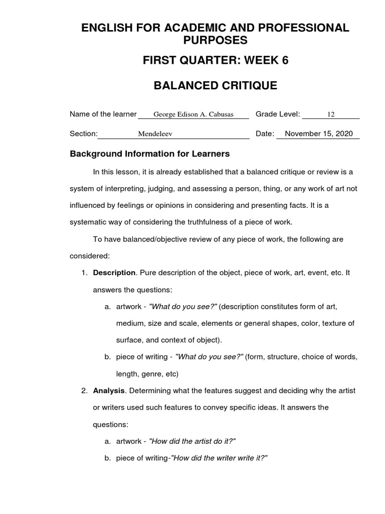 Cabusas Las g12 Eapp Wk6 Students | PDF | Paintings | Composition (Visual Arts)