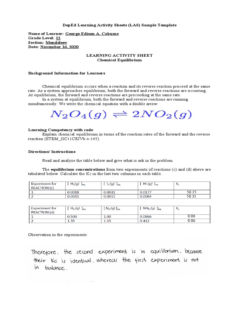 LAS General Chemistry 2 Week 6 Performance Task | PDF | Chemical ...