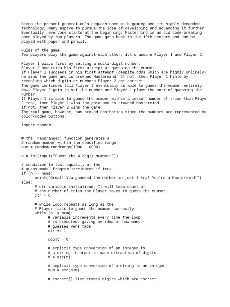 Mastermind Game Using Python | PDF | Software Development | Computer ... Mastermind Game Using Python | PDF | Software Development | Computer ...
