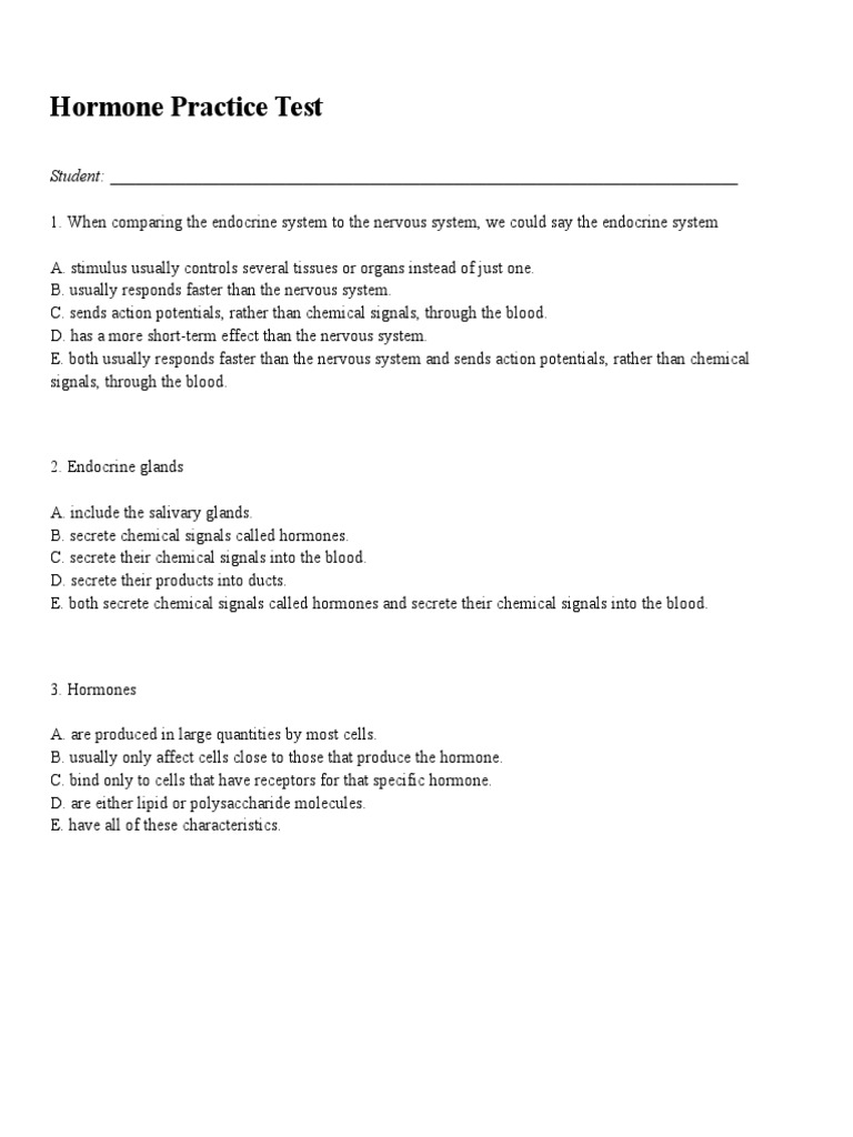 Hormone Practice Test: Student | PDF | Endocrine System | Hormone