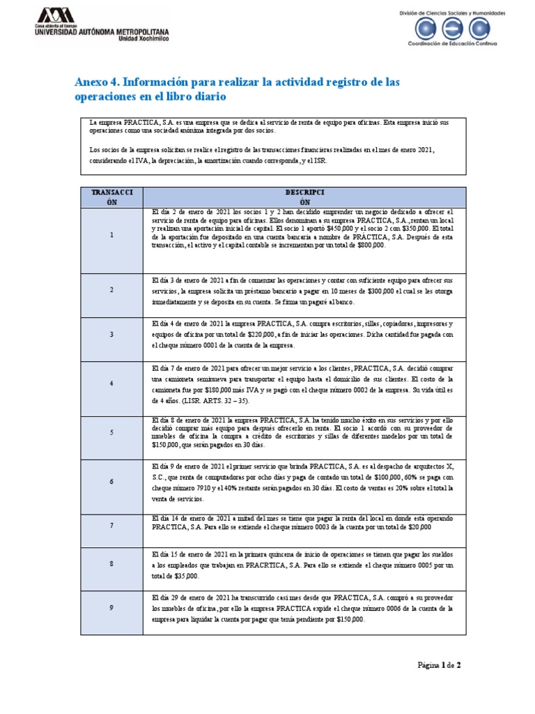 Anexo 4A Información Para Realizar La Actividad Registro de Las Operaciones en El Libro Diario ...