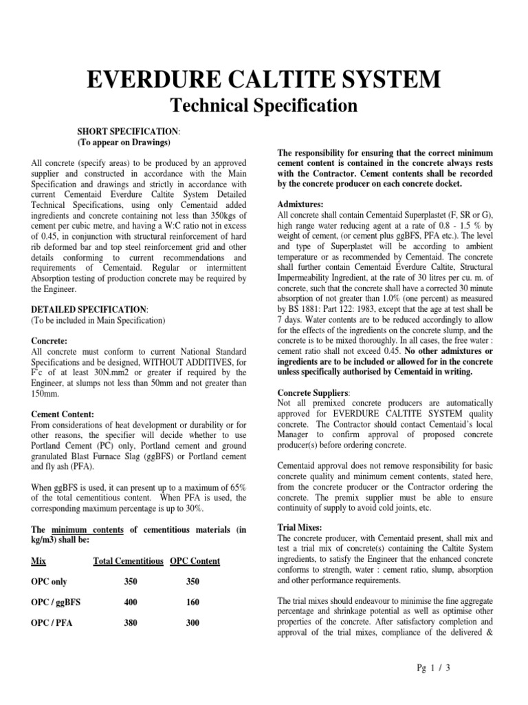 Everdure Caltite System - Technical Specification | PDF | Concrete | Cement