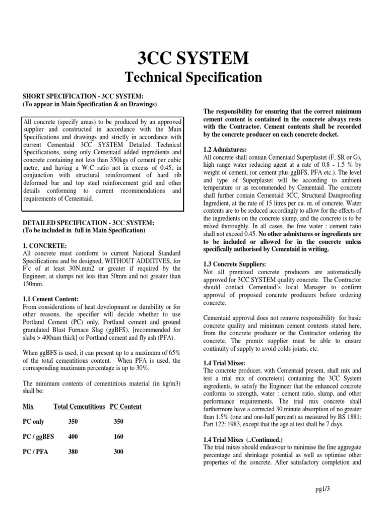 3CC System Technical Specification | PDF | Concrete | Cement