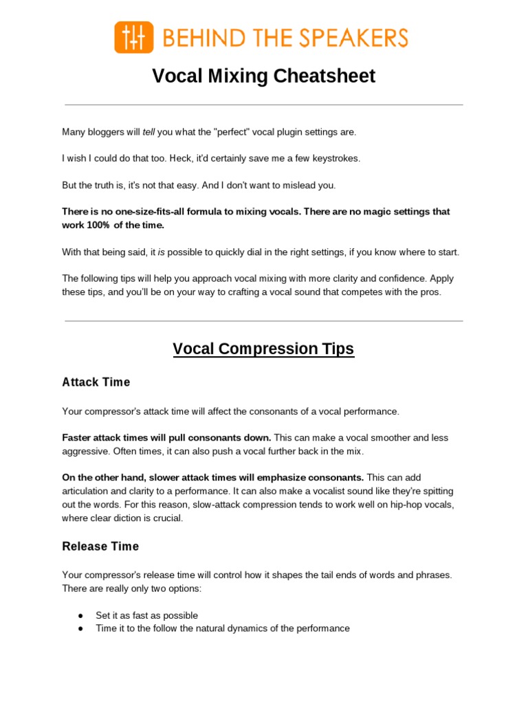 Vocal Mixing Cheat Sheet Guide | PDF