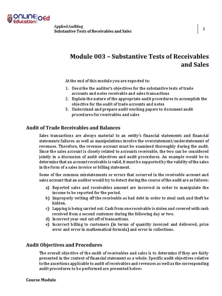 Module 003 - Substantive Tests of Receivables and Sales | PDF | Audit ...