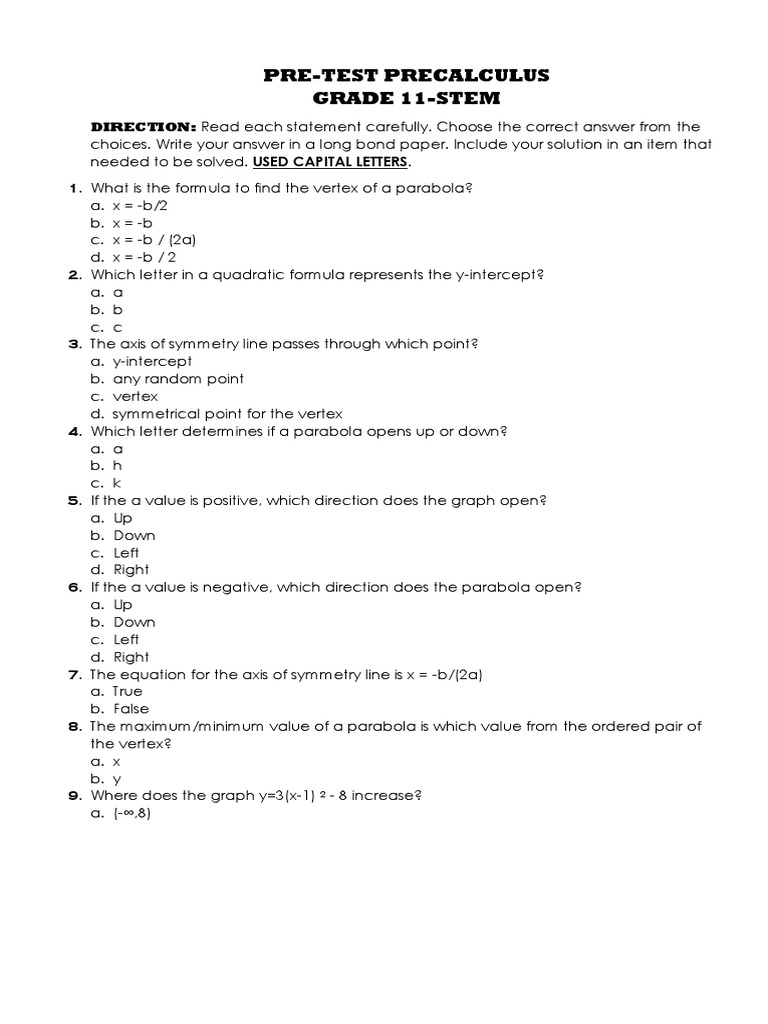 PRE-TEST PRECALCULUS FORMULA AND CONCEPT REVIEW | PDF | Trigonometric ...