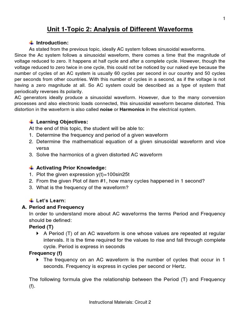 Unit 1-Topic 2: Analysis of Different Waveforms: Let's Learn: A. Period and Frequency | PDF ...