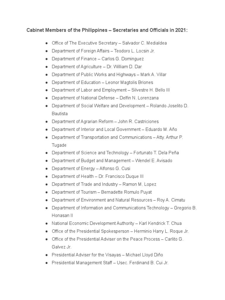Philippine Cabinet Members and Presidents 2021 | PDF | President Of The ...