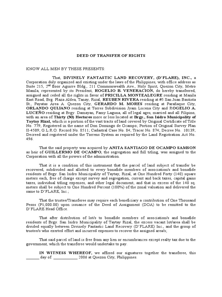 Deed of Transfer of Right | Download Free PDF | Real Estate | Real ...