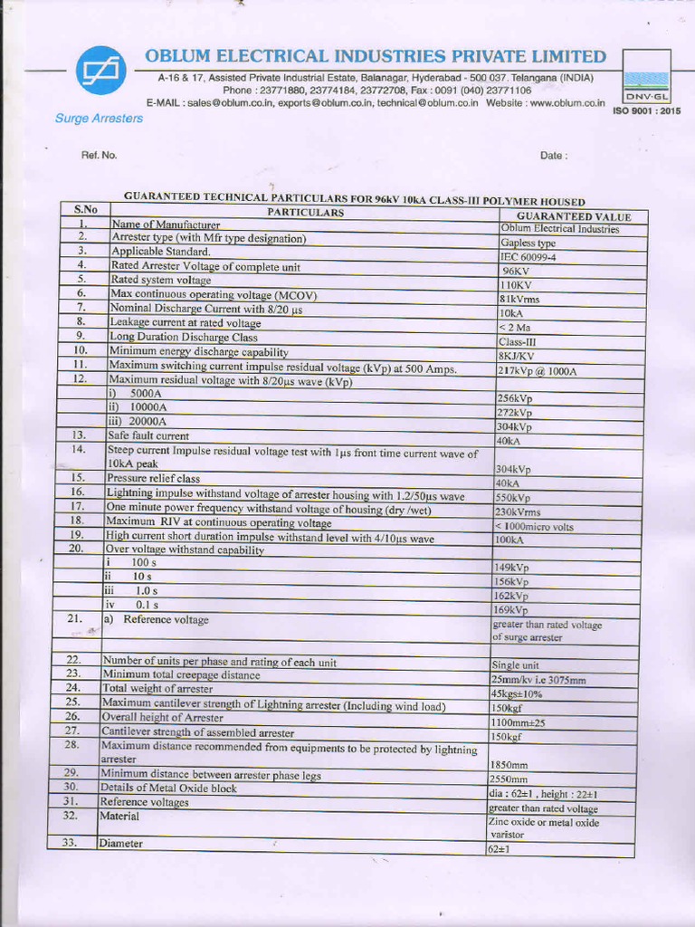 Drawing & GTP 96kV 10ka Class-3 LA | PDF