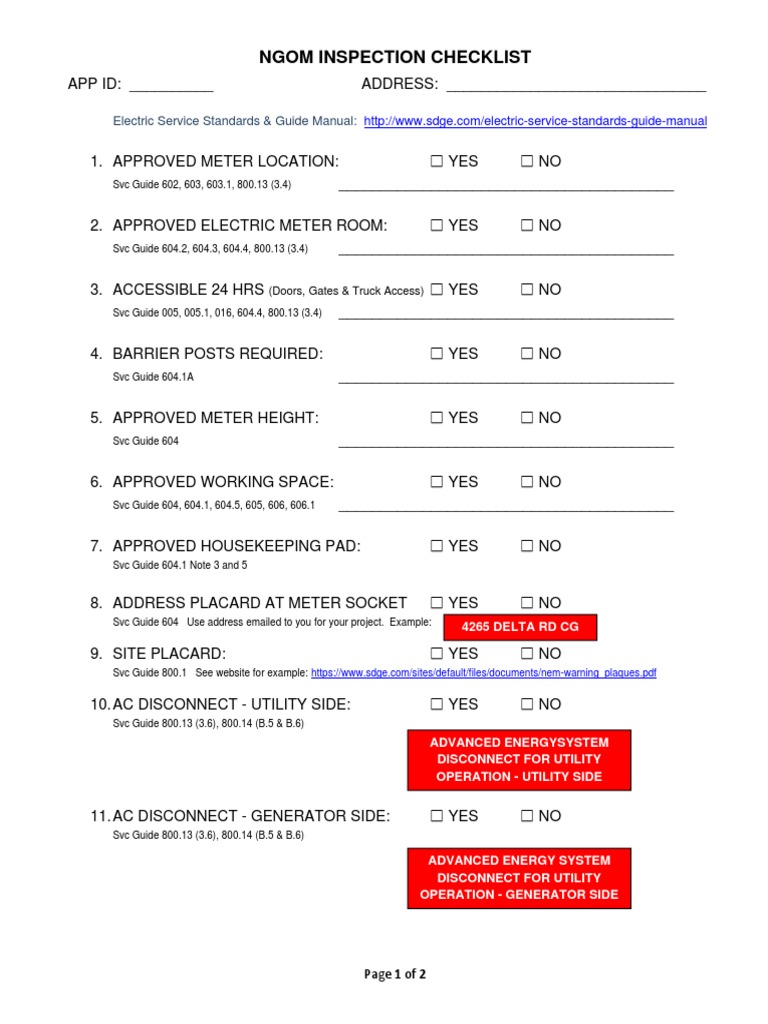 AES NGOM Inspection Checklist | PDF | Electricity | Power Engineering