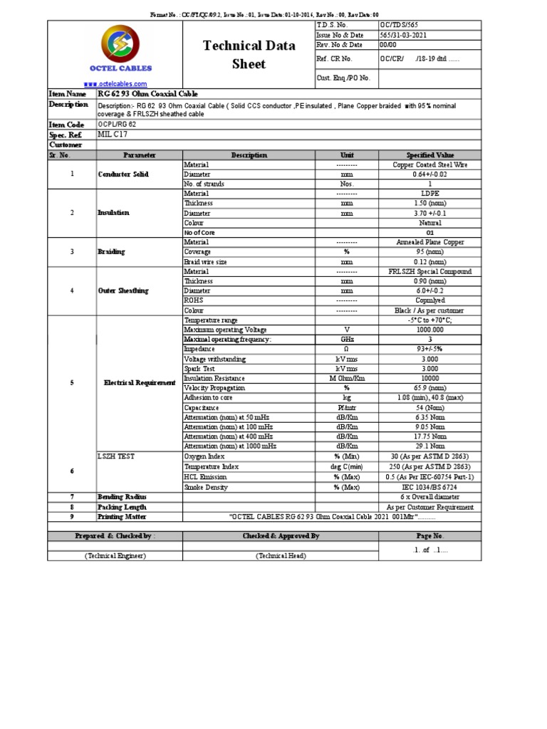 RG 62 93 Ohm Coaxial Cable Specs | PDF | Coaxial Cable | Wire