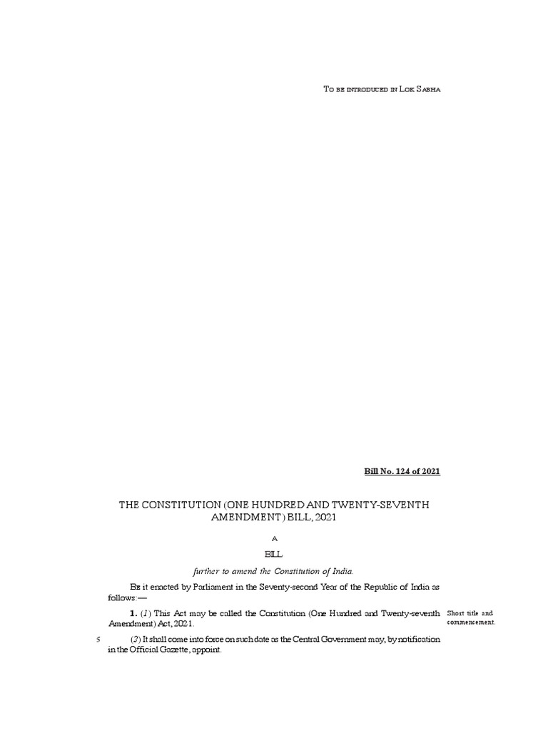 The Constitution (One Hundred and Twenty-Seventh Amendment) Bill, 2021 ...