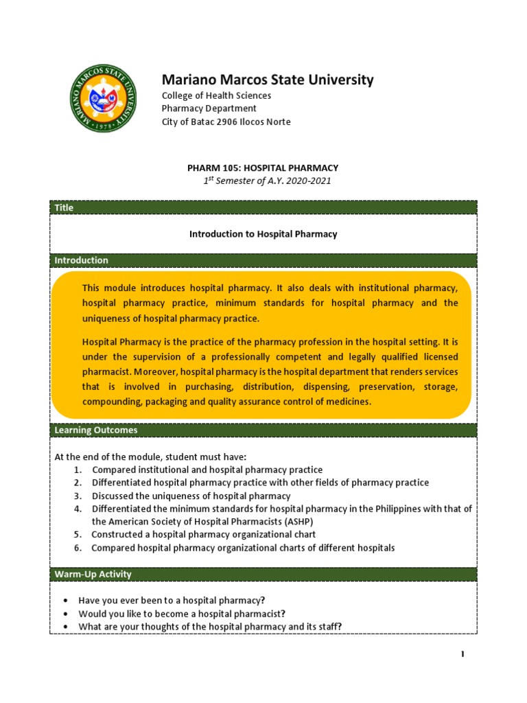 Final Hospital Pharmacy Module 1 | PDF | Pharmacy | Pharmacist