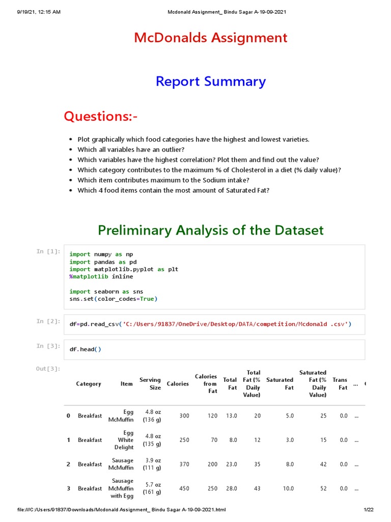 Mcdonald Assignment - Bindu Sagar A-19!09!2021 | PDF | Fat | Integer (Computer Science)