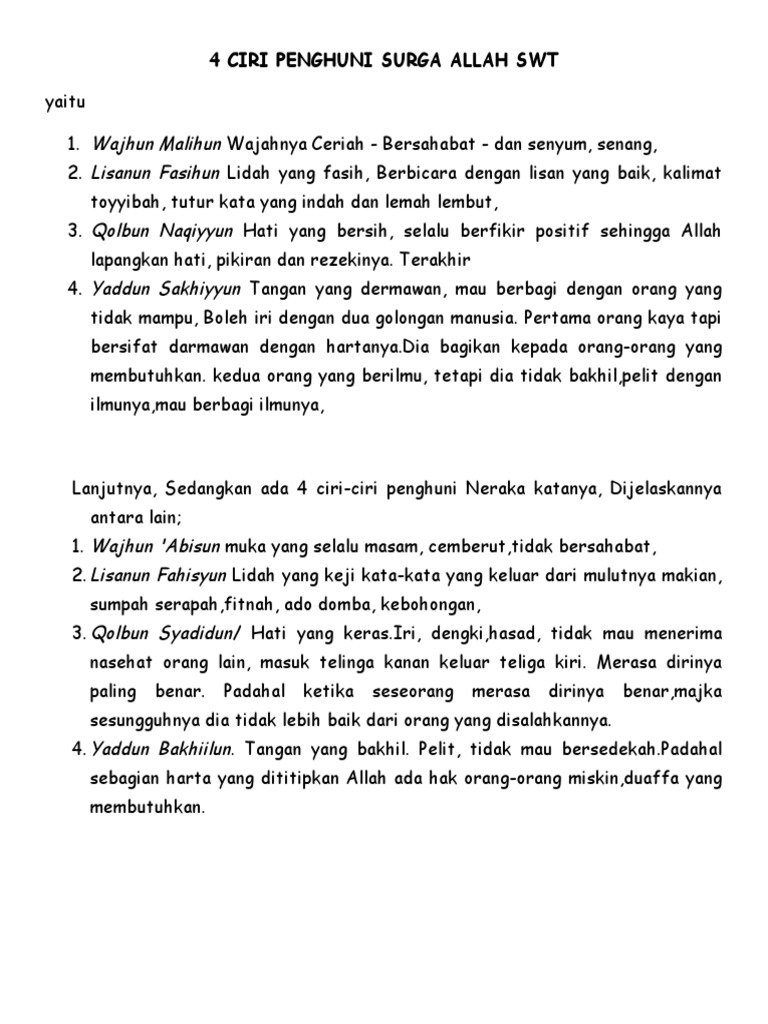 4 Ciri Penghuni Surga Allah SWT | PDF