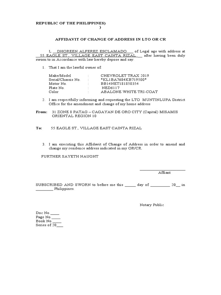 Affidavit for LTO Address Change | PDF