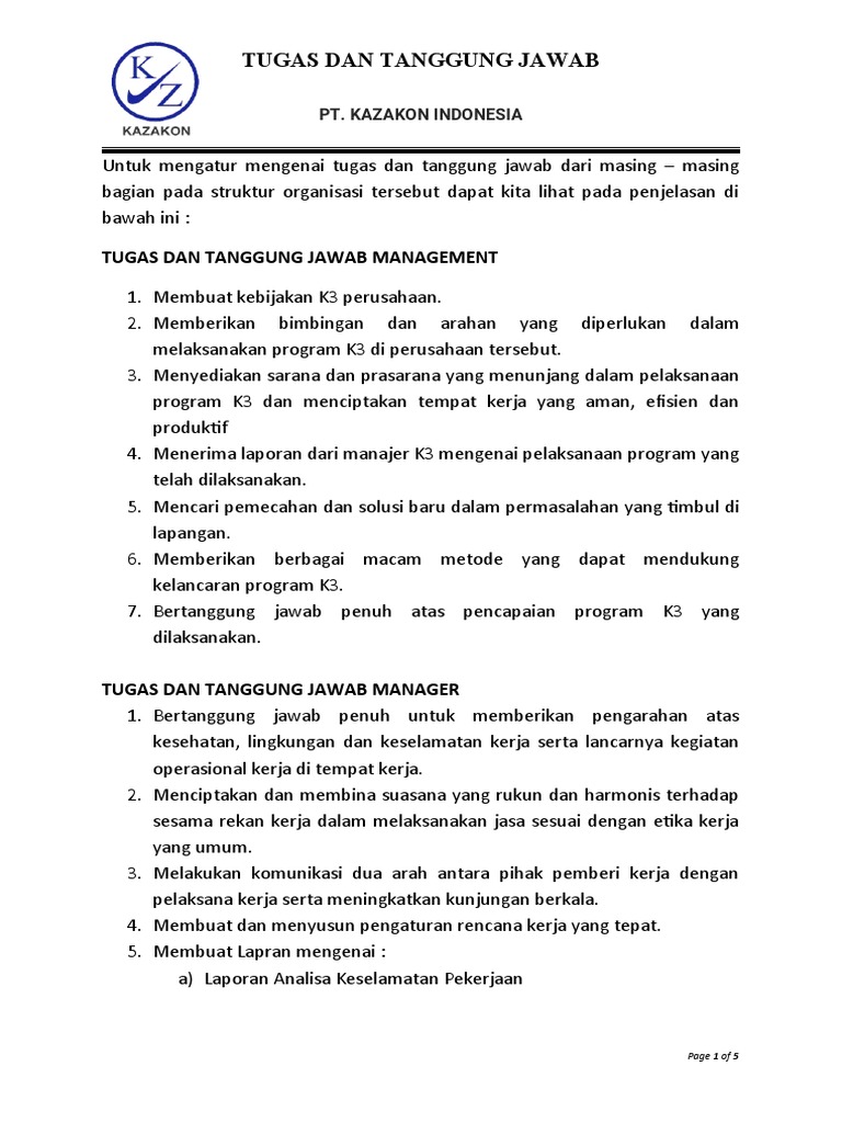 Tugas dan Tanggung Jawab K3 di Kazakon | PDF | Karier & Perkembangan ...