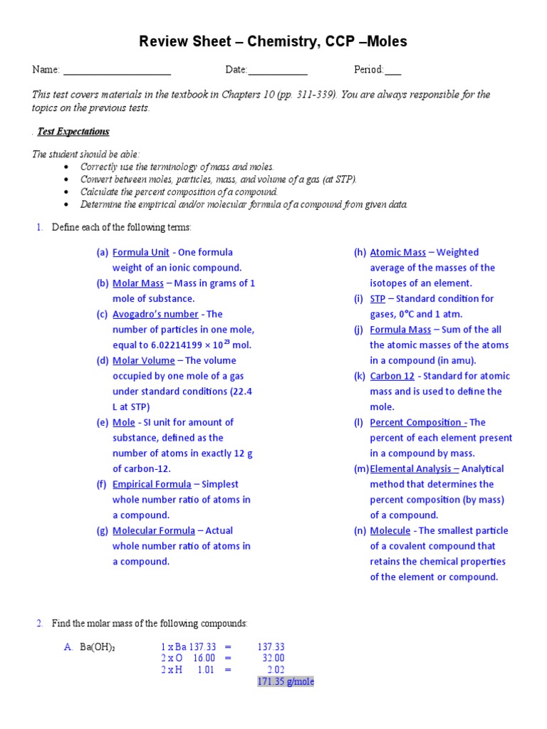 Review Sheet - Chemistry, CCP - Moles | PDF | Mole (Unit) | Materials