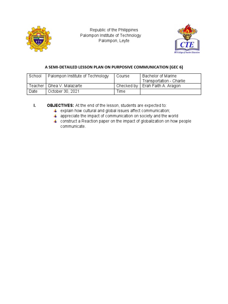 A Semi-Detailed Lesson Plan On Purposive Communication (Gec 6) | PDF