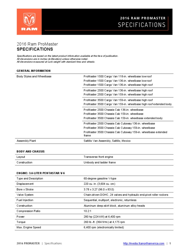 2016 Ram ProMaster Specifications Overview | PDF | Automatic ...