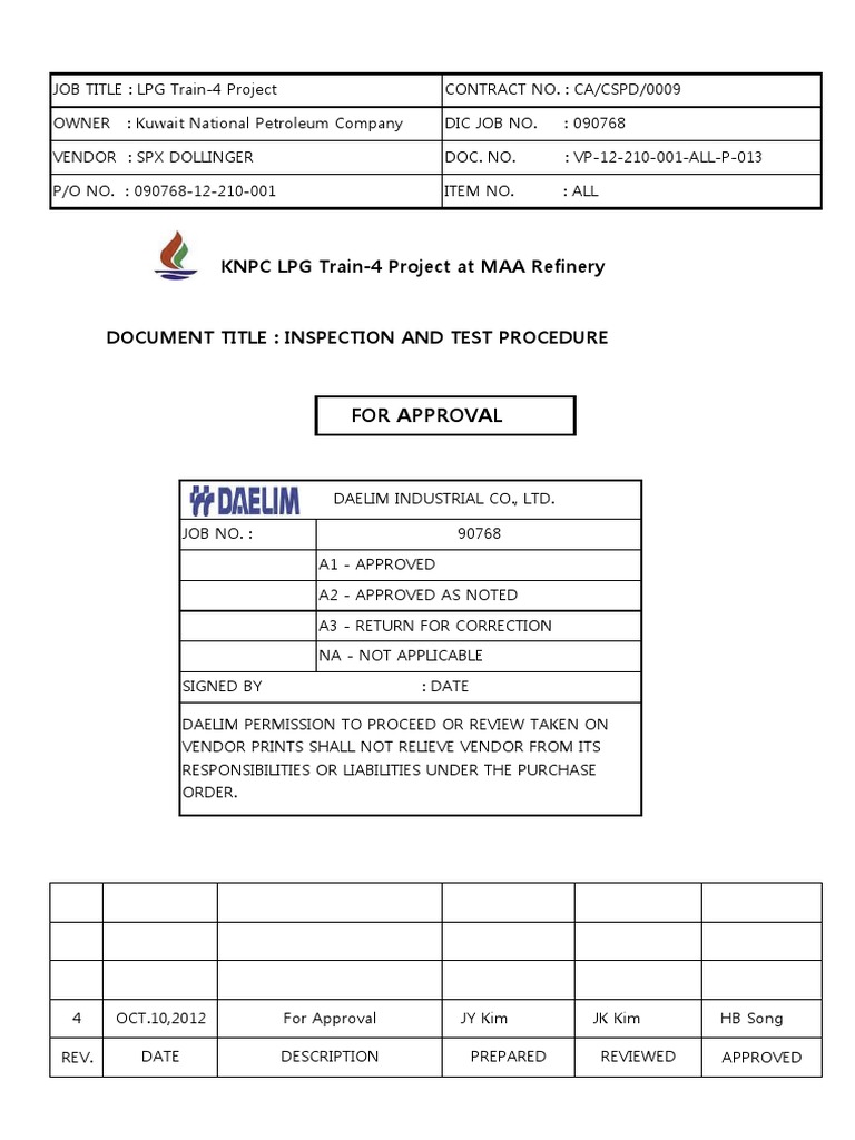 KNPC LPG Train-4 Project at MAA Refinery: For Approval | PDF | Construction | Welding