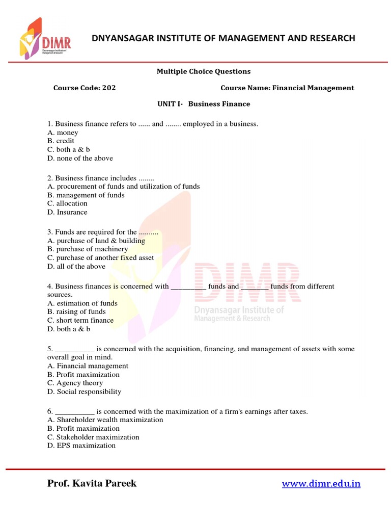 202 FM MCQs | PDF | Working Capital | Cost Of Capital