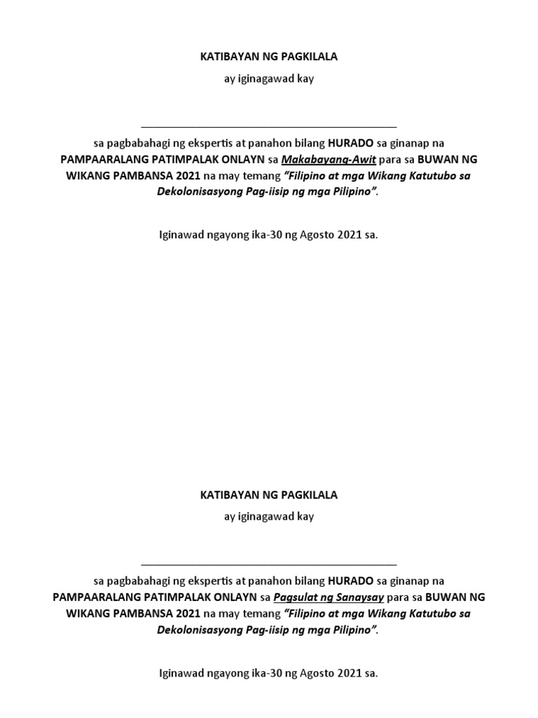 Katibayan NG Pagkilala - Hurado | PDF