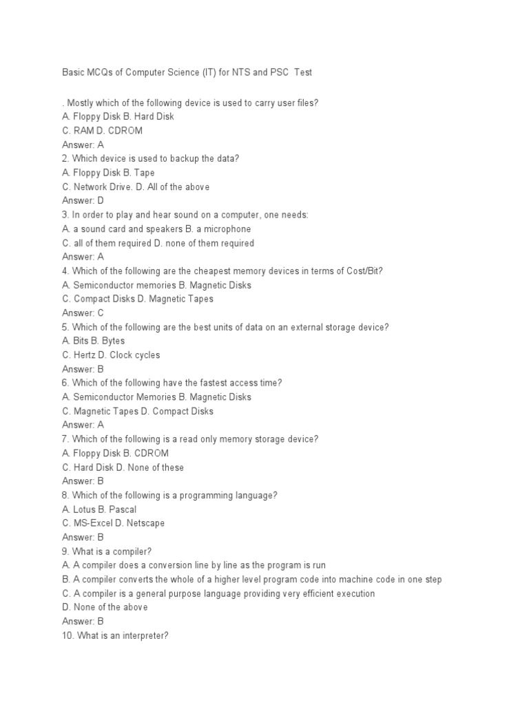 Basic MCQs of Computer Science | PDF | Computer Data Storage | Hard Disk Drive