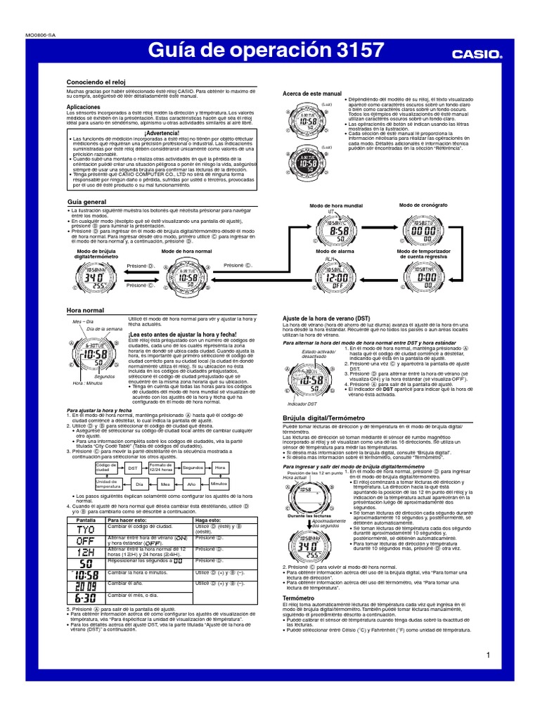 Guía de operación del Casio 3157 | PDF | Horario de verano | Brújula