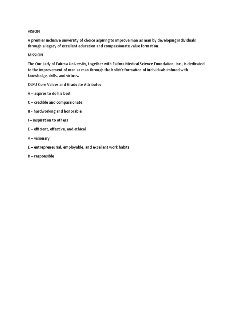 OLFU-Vision, Mission, Core Values | PDF