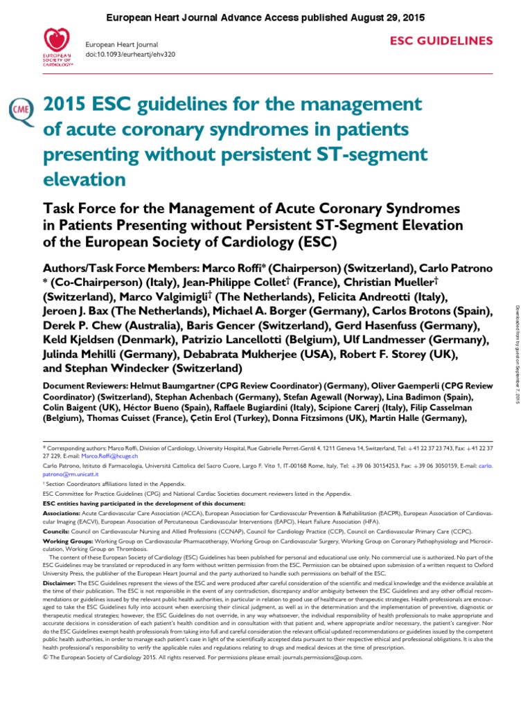 NSTEMI ESC Guidelines 2015 | PDF | Myocardial Infarction | Coronary ...