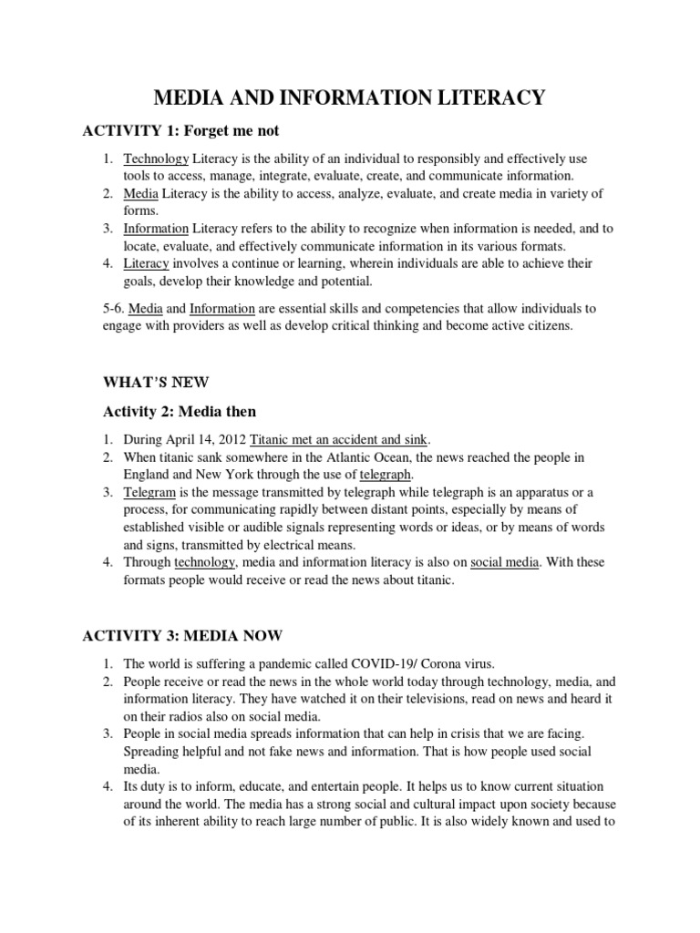 Media and Information Literacy: ACTIVITY 1: Forget Me Not | PDF | Mass ...