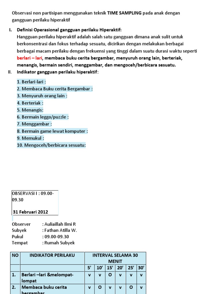 Contoh Pencatatan Time Sampling Dan Even | PDF