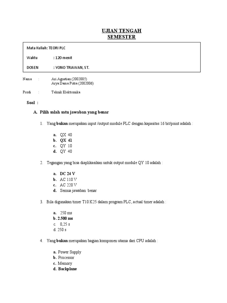 Soal UTS Teori PLC - Ari & Arya | PDF