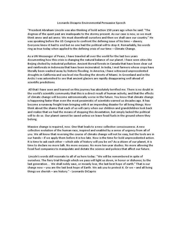 Leonardo Dicaprio Environmental Persuasive Speech | PDF | Climate ...