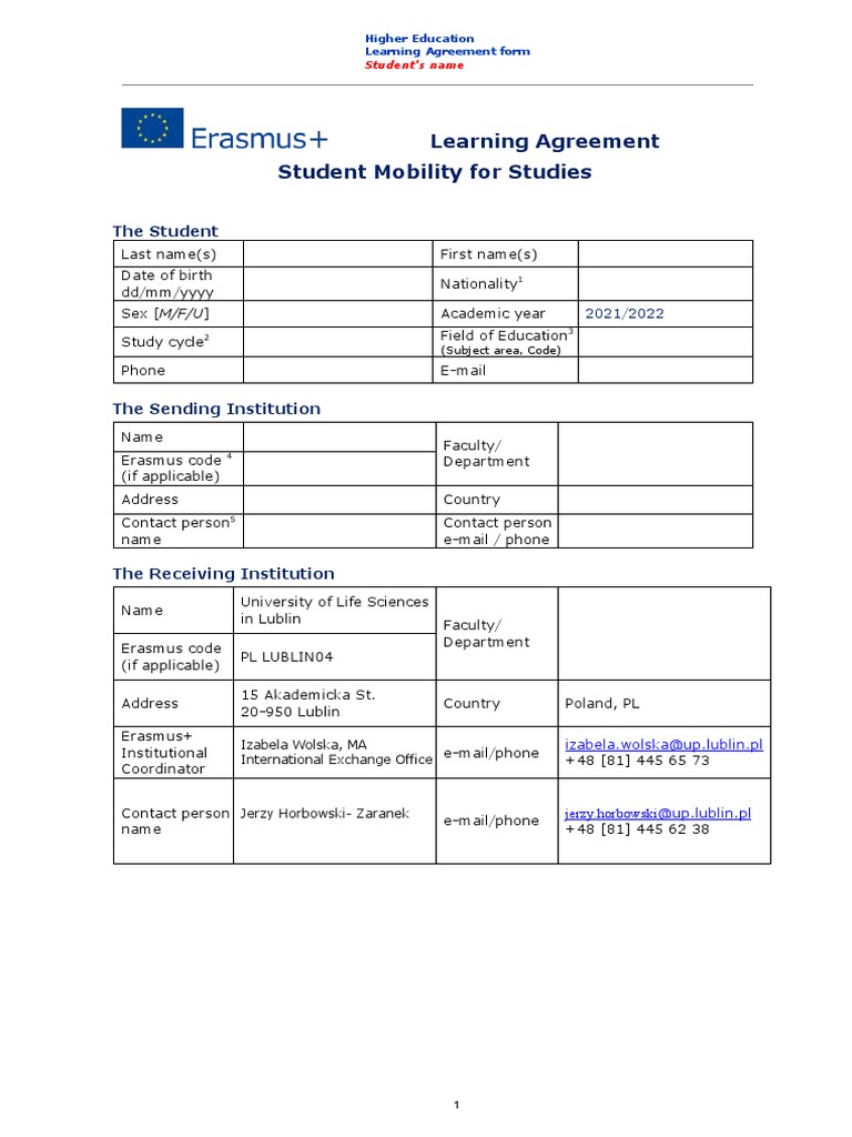 Learning Agreement Student Mobility For Studies | PDF | Learning | Academic Degree