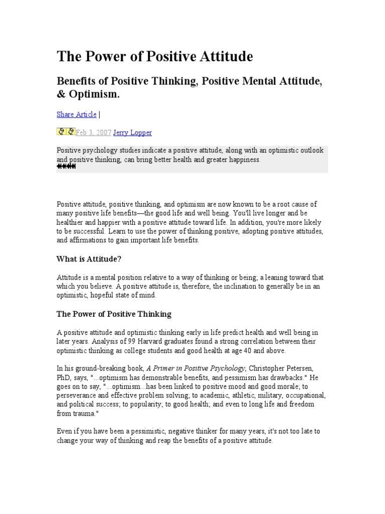 The Power of Positive Attitude | PDF | Optimism | Positive Mental Attitude