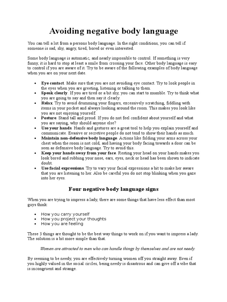 Avoiding Negative Body Language | PDF | Body Language | Psychological ...