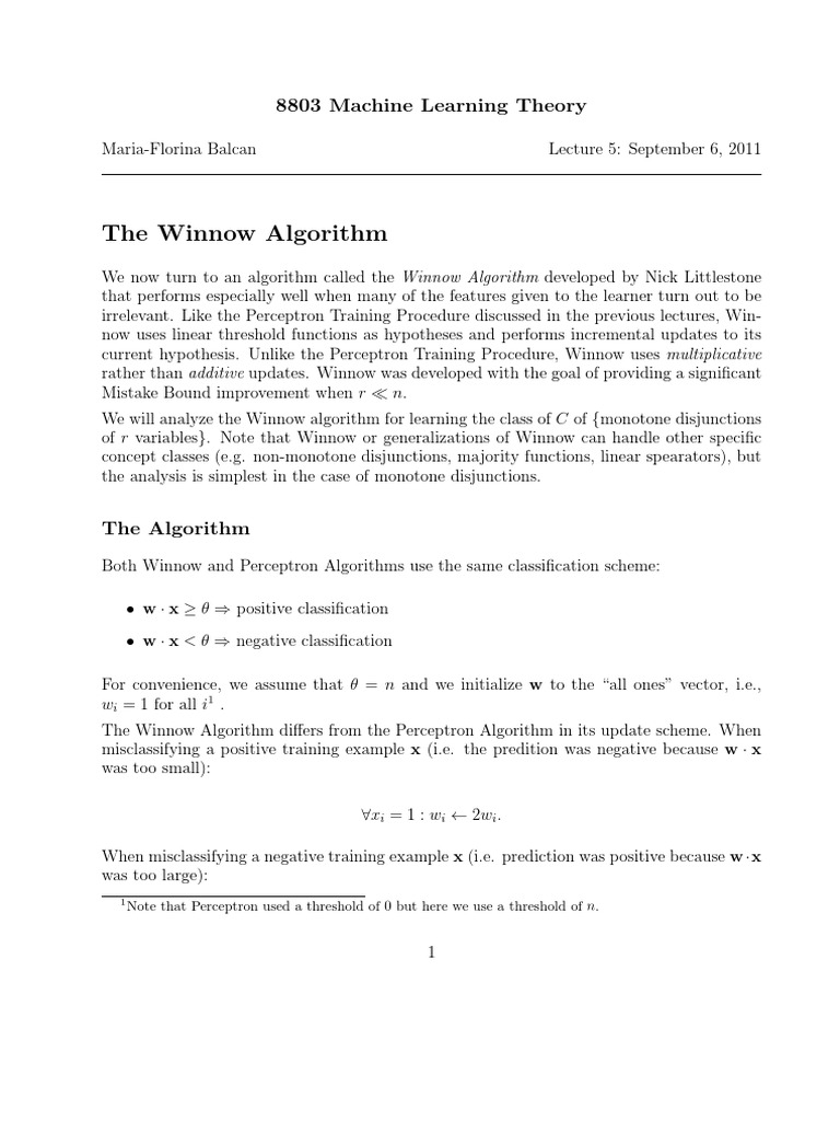 Winnow Algorithm for Learning Monotone Disjunctions | PDF | Statistical Classification | Applied ...