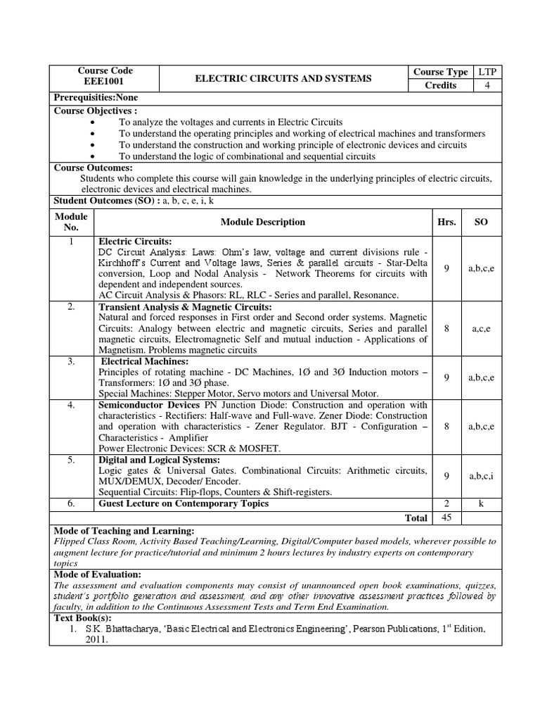 EEE1001 - ELECTRIC-CIRCUITS-AND-SYSTEMS - LTP - 1.1 - 1 - EEE1001 - Electric Circuits and ...