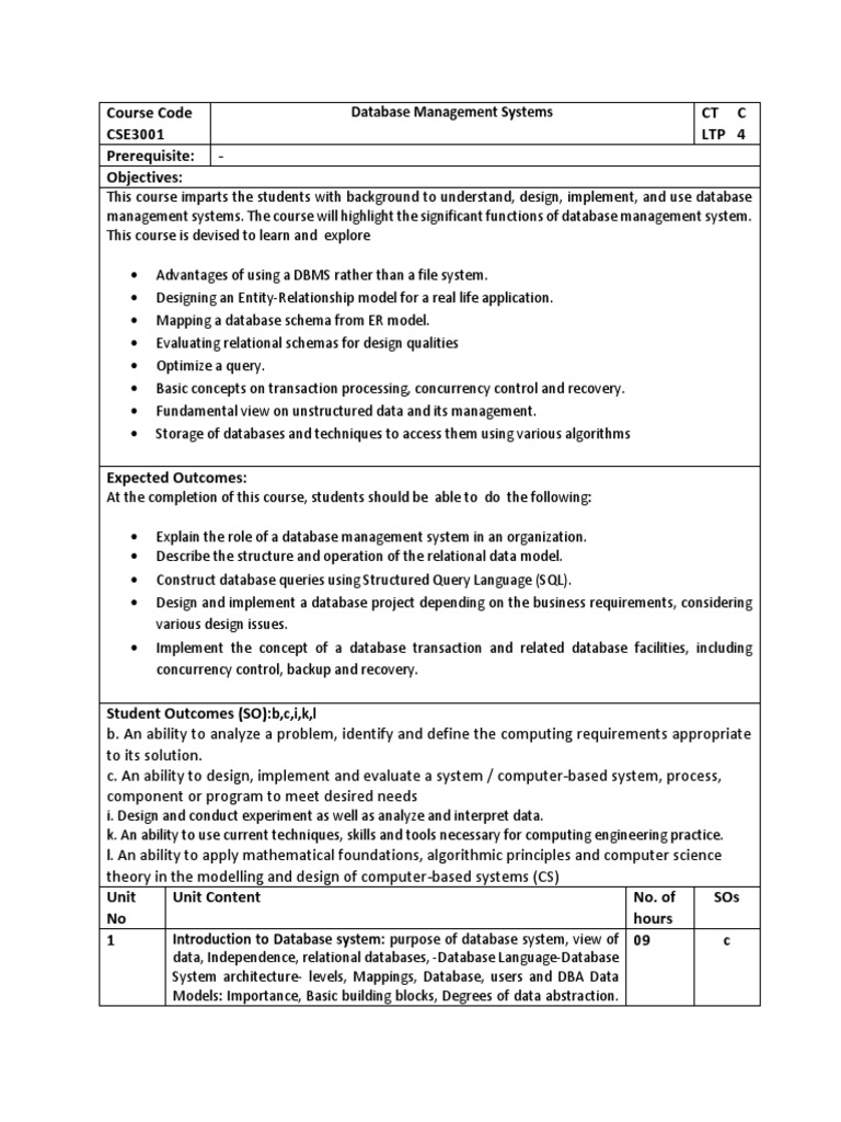 Course Code CSE3001 CT C LTP 4 Prerequisite: Objectives | PDF | Relational Database | Databases