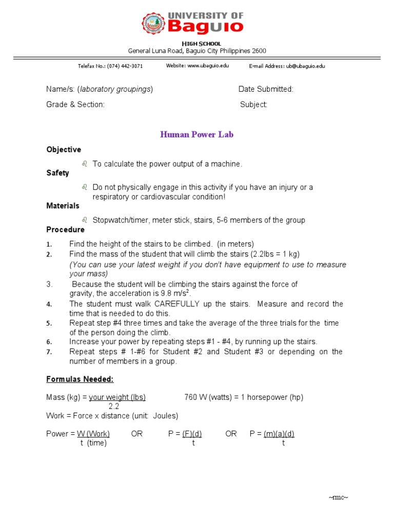 Calculating Human Power: A Study of the Work and Power Output When ...