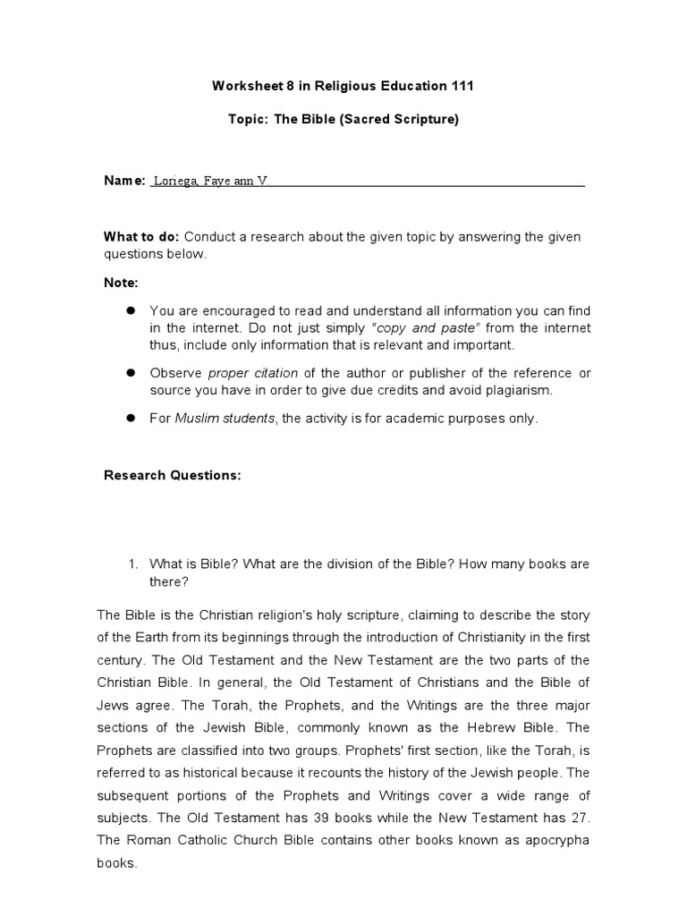 Worksheet 8 in Religious Education 111 Topic: The Bible (Sacred ...