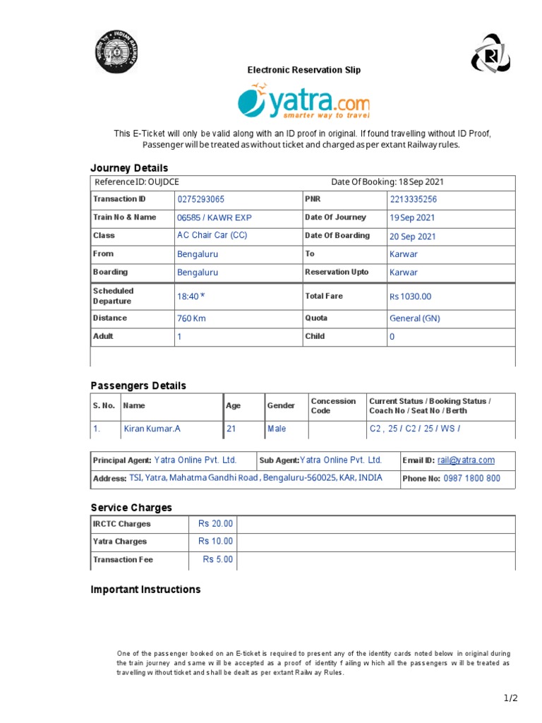Yatra Print Train Ticket | PDF | Identity Document | Transport