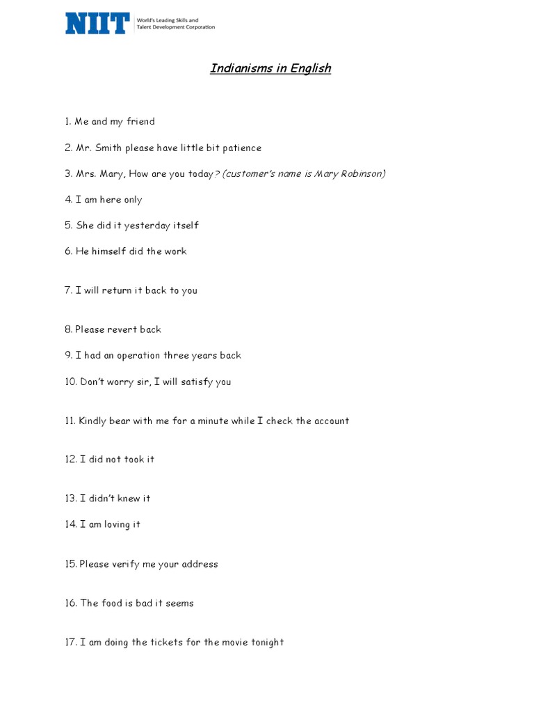 Common Indianisms in English Usage | PDF | Career & Growth | Self ...