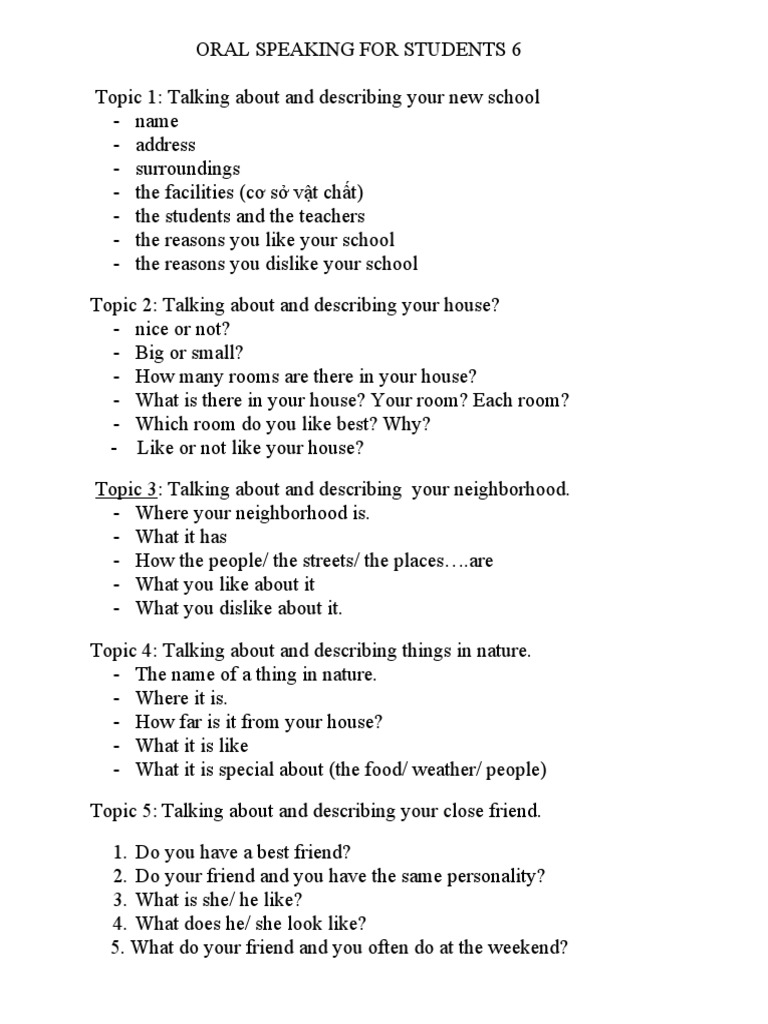 Oral Speaking Topics for Grade 5 | PDF