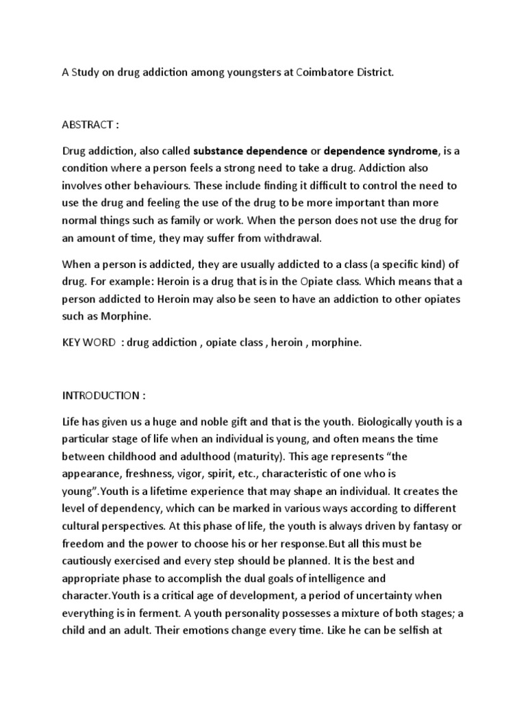 A Study On Drug Addiction Among Youngsters at Coimbatore District ...