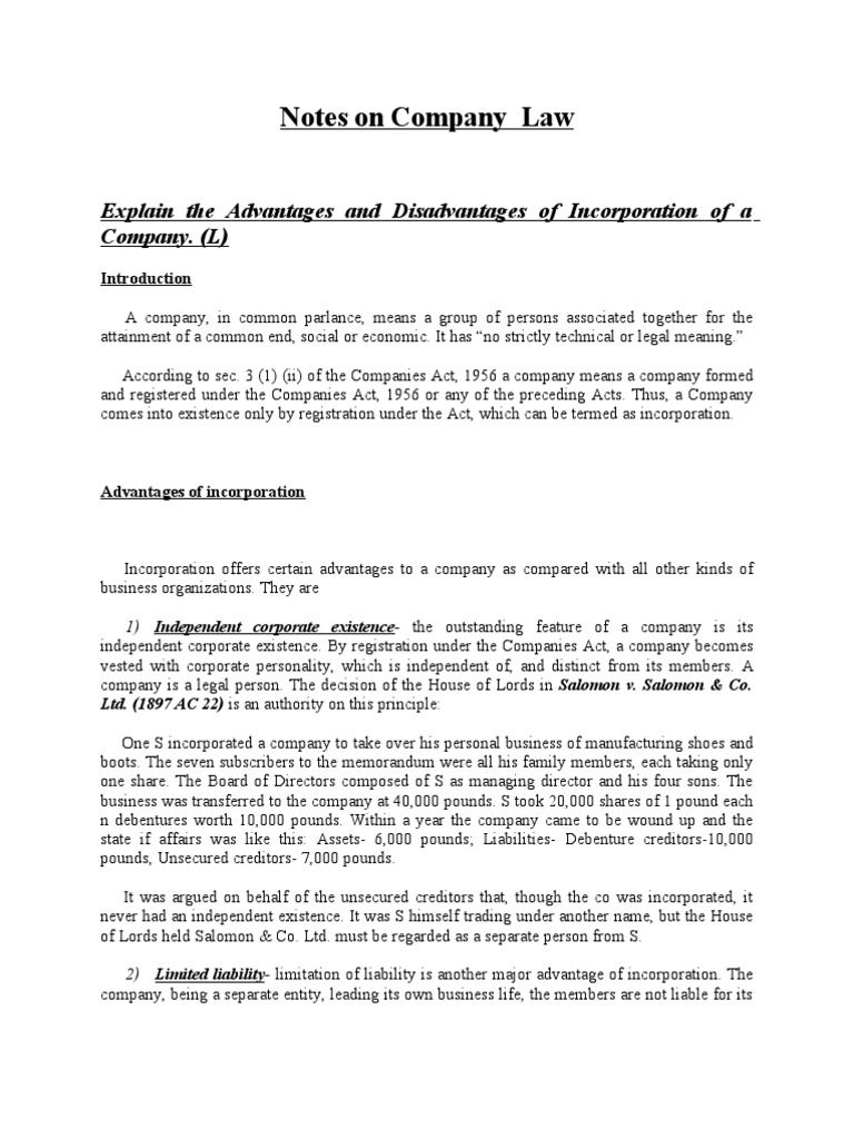 1 Notes On Company Law | PDF